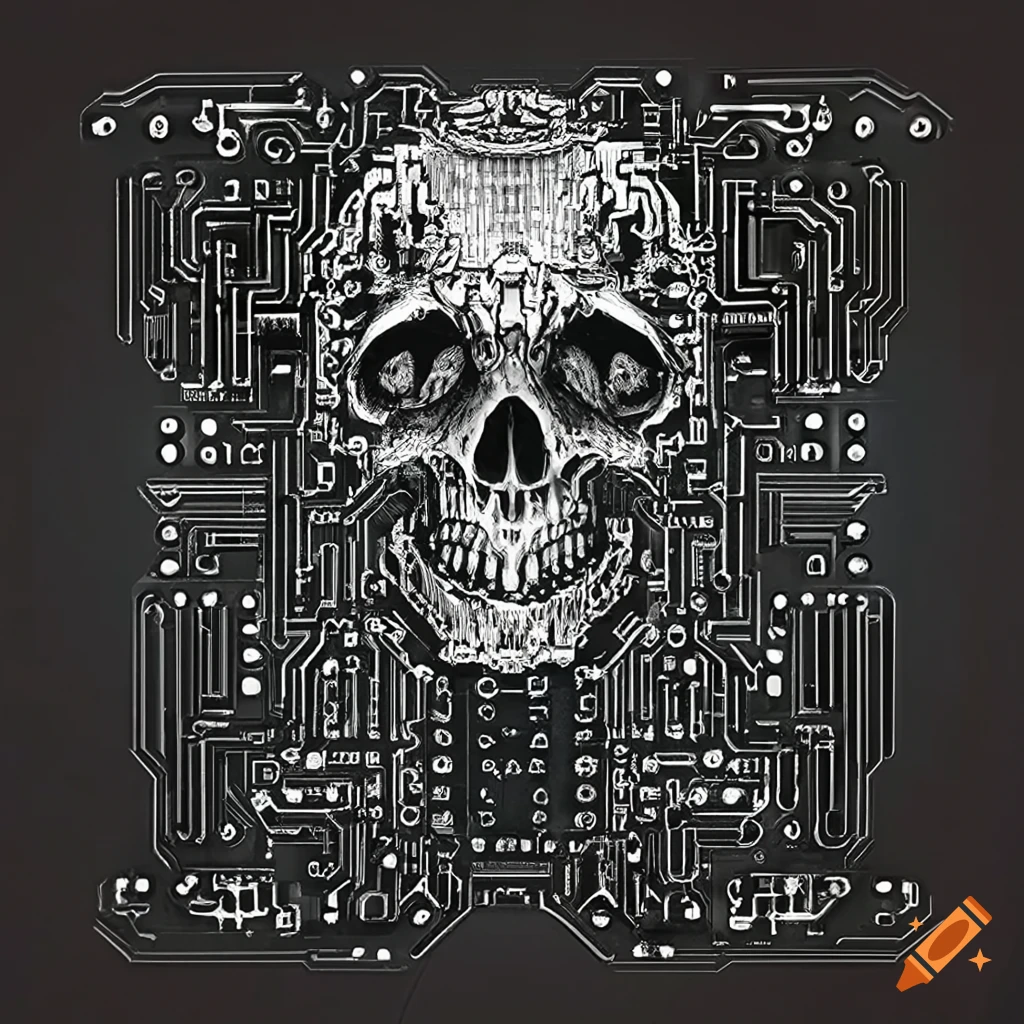 Skull-shaped pcb pattern with intricate circuitry lines on Craiyon