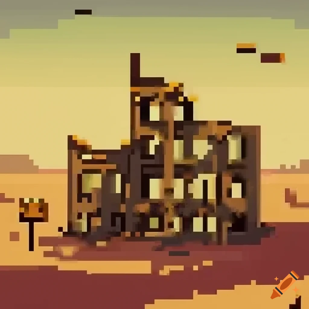 2d pixel art of an abandoned destroyed building in a desert landscape ...