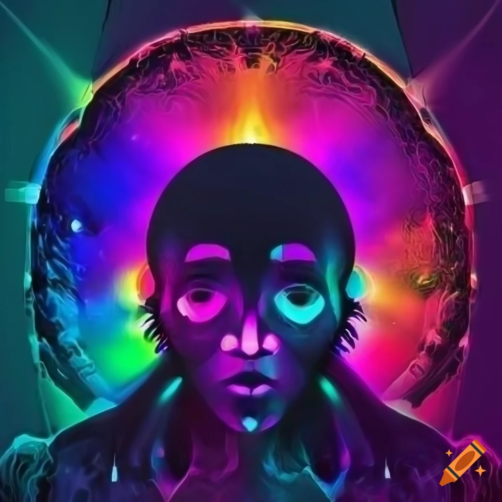 Dark and edgy futuristic techno album art theme with distorted shapes and electric colors on Craiyon