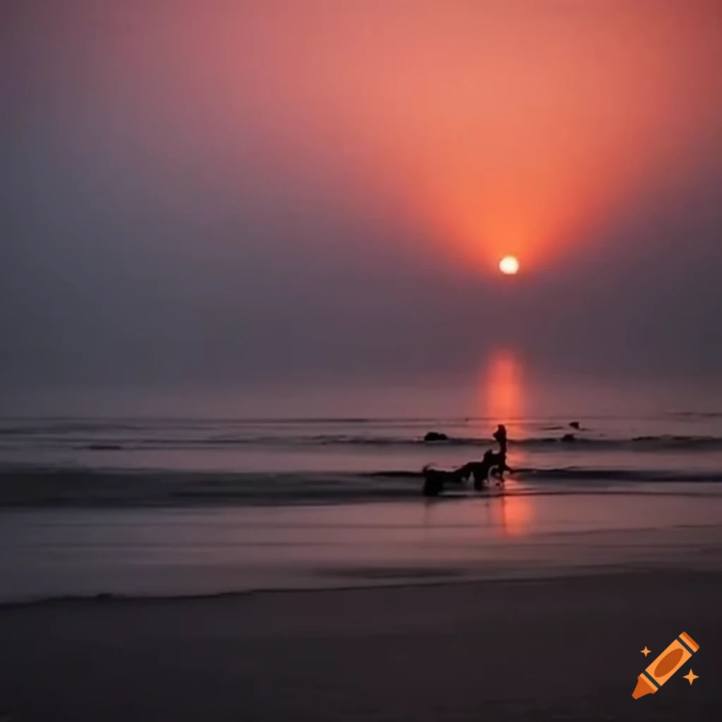 Juhu Beach in Mumbai with evening sunset and heavy rainfall on Craiyon