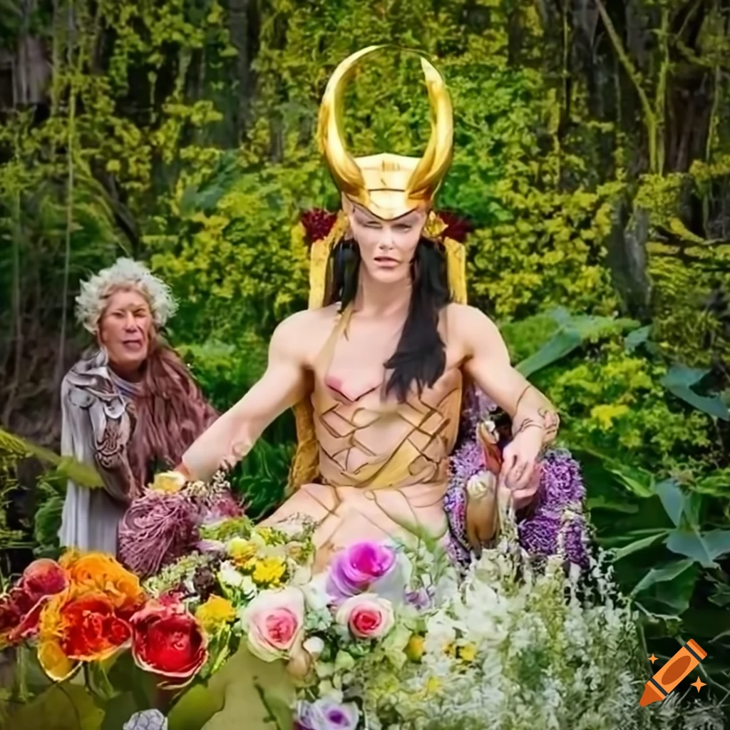 God Loki playfully posing with a lady in a vibrant floral area on Craiyon