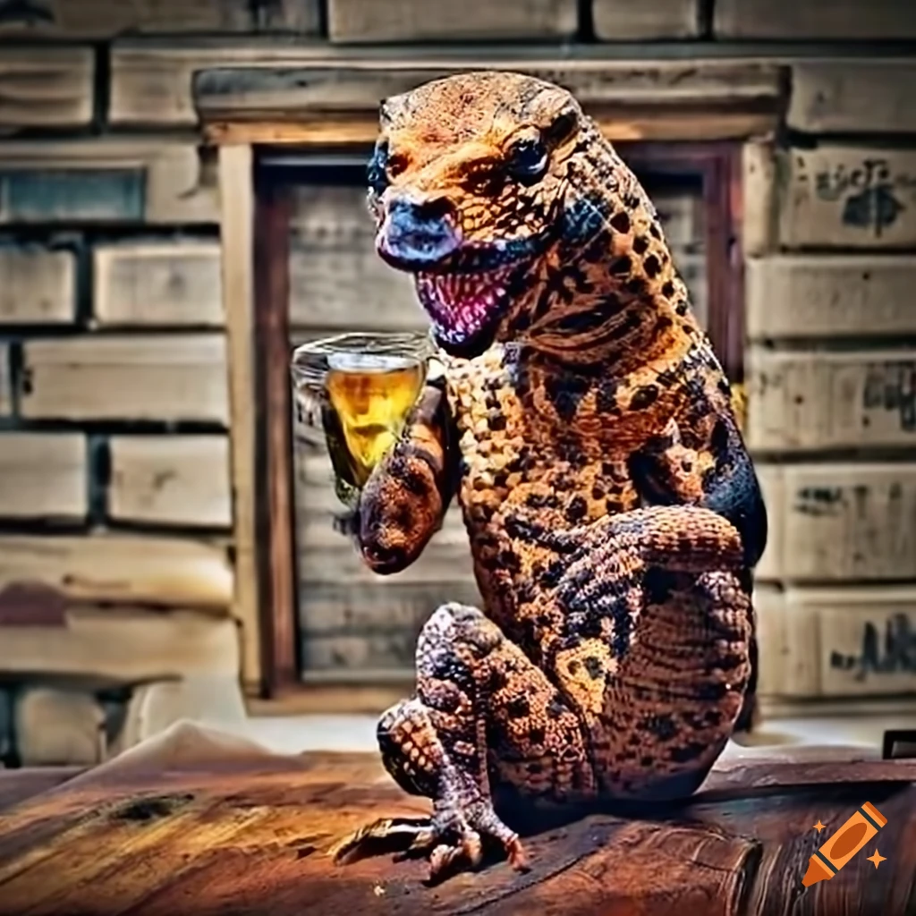 Gila monster enjoying a beer in an old western bar with an alien ...