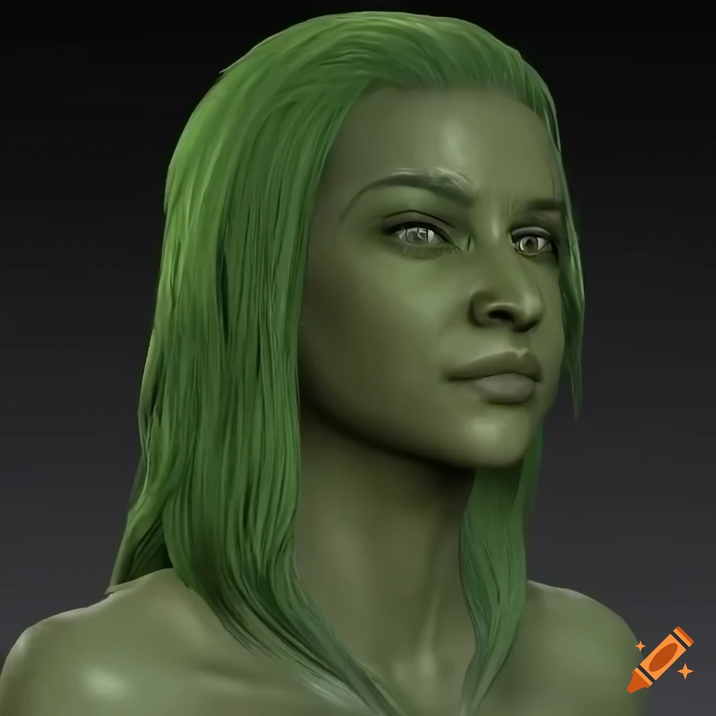Girl with light-green skin, green eyes, and dark-green hair in unreal ...