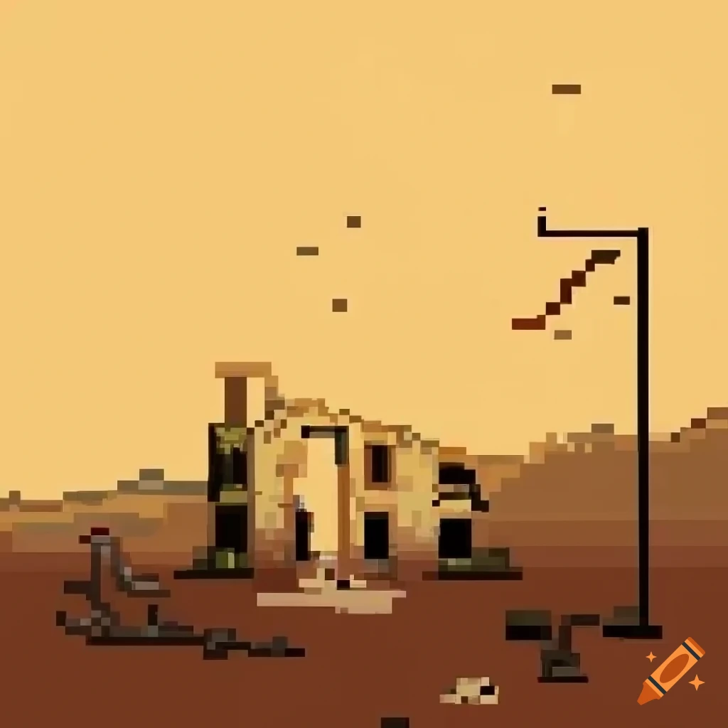 2D pixel art of an abandoned destroyed building in a desert landscape ...