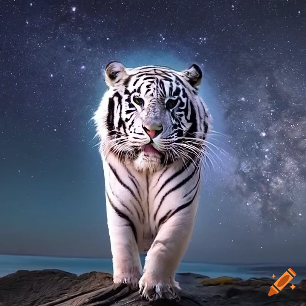 Majestic white tiger in front of ocean under starry night sky on Craiyon