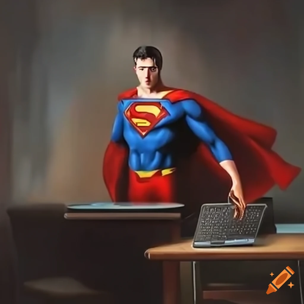 Superman using a Macbook Pro at a modern desk on Craiyon