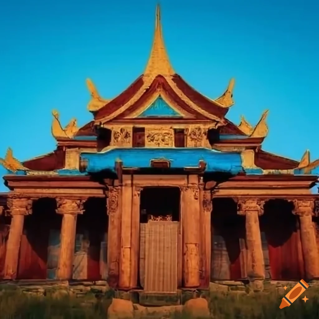 Etruscan-hittite-viking temple in taiga forest with snowy mountains and ...