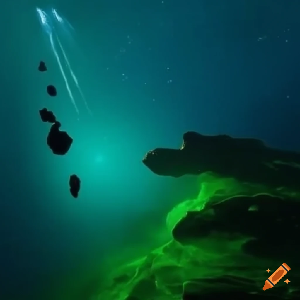 Green sea with falling meteorites viewed from outside the water on Craiyon