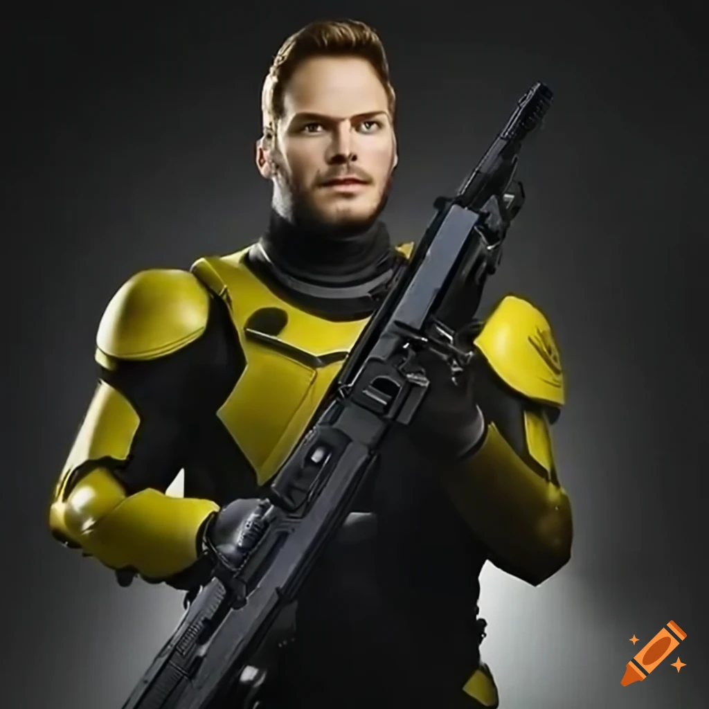 Chris pratt in sci-fi armor with a black sci-fi shotgun in a futuristic ...