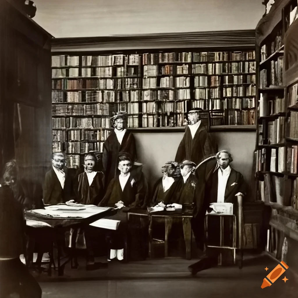 Distinguished men gathered around a table in historical black and white ...
