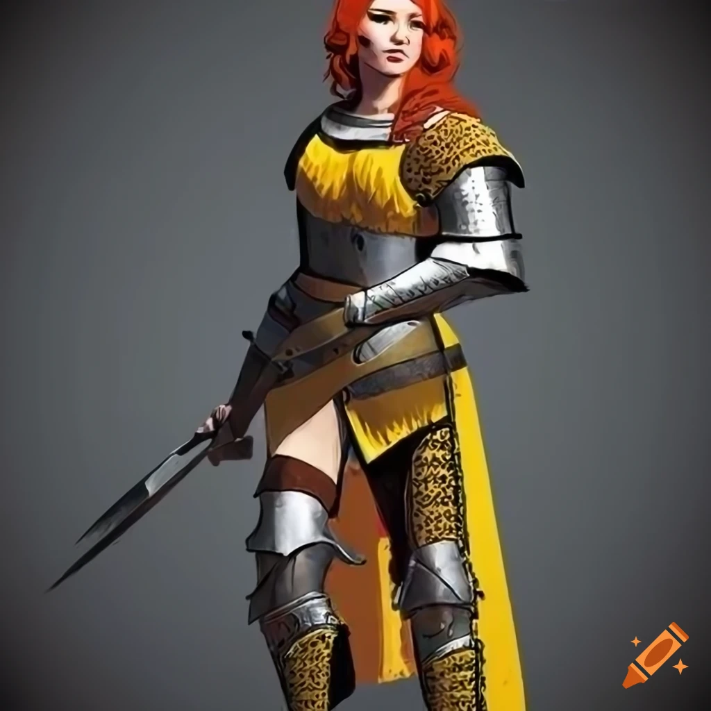 Redhead woman medieval adventurer in intricate armor standing idle on ...