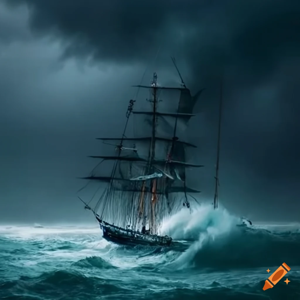 Sailing ship in stormy waters with torn sails and frantic crew, dark roiling clouds on Craiyon