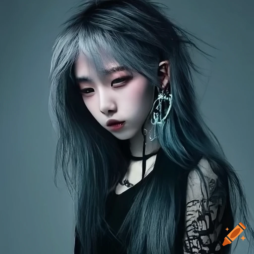 Korean emo girl with slicked back grey hair on Craiyon