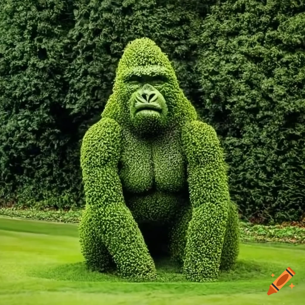 Intricately carved gorilla topiary sculpture in a garden on Craiyon