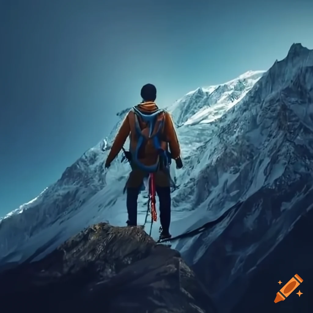 Man ascending the himalayan mountains with harness on Craiyon
