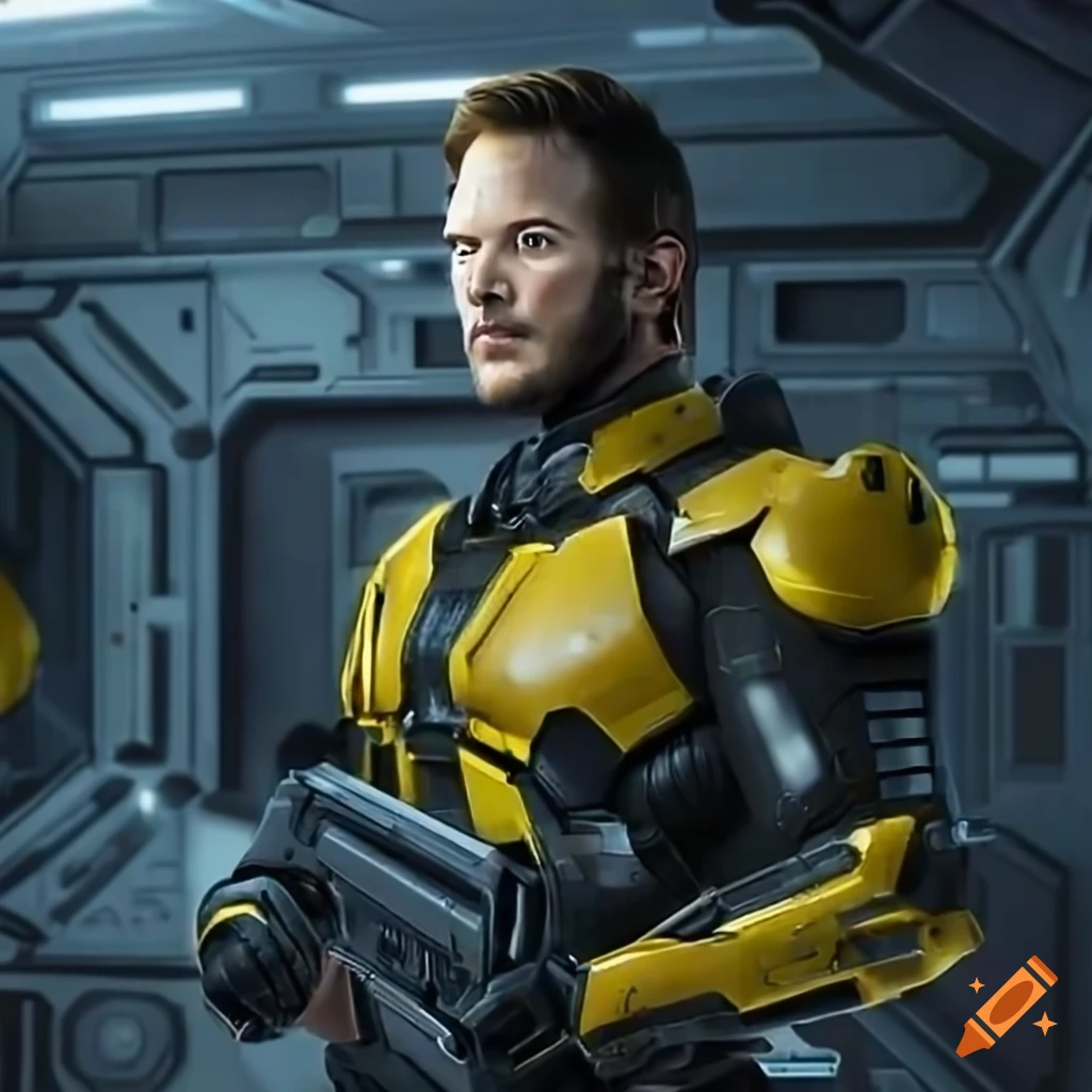 Chris Pratt in sci-fi armor with a black sci-fi shotgun in a high-tech ...
