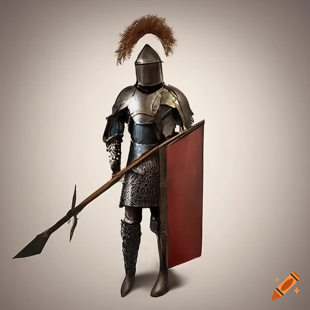 Life-sized mannequin in knight's armor with warrior spear on Craiyon
