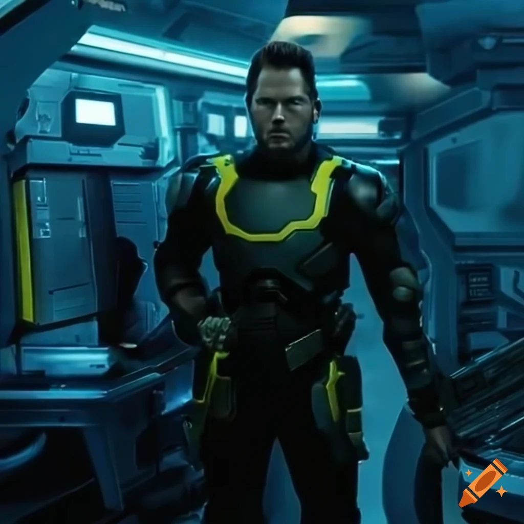 Chris Pratt in futuristic armor holding a sci-fi shotgun in a high-tech ...