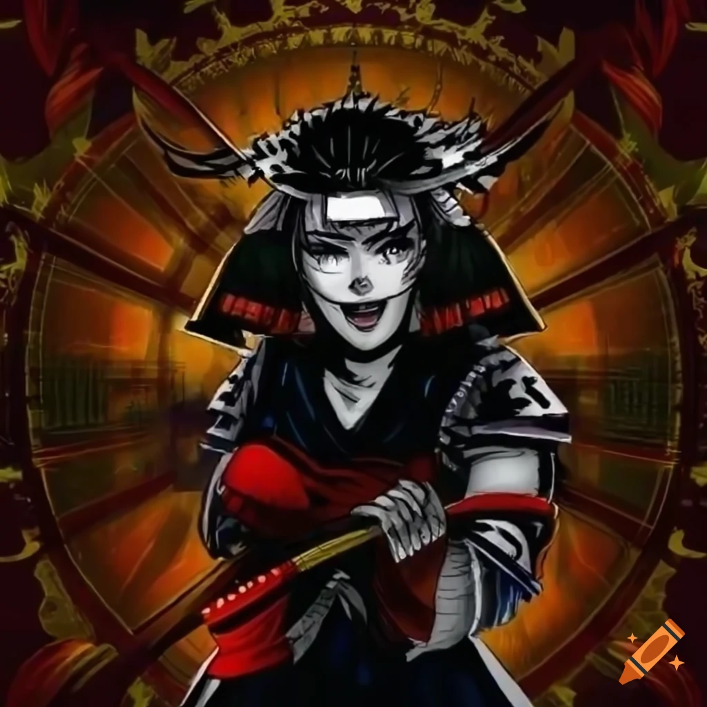Female samurai warrior laughing under the moonlight in a horror manga ...