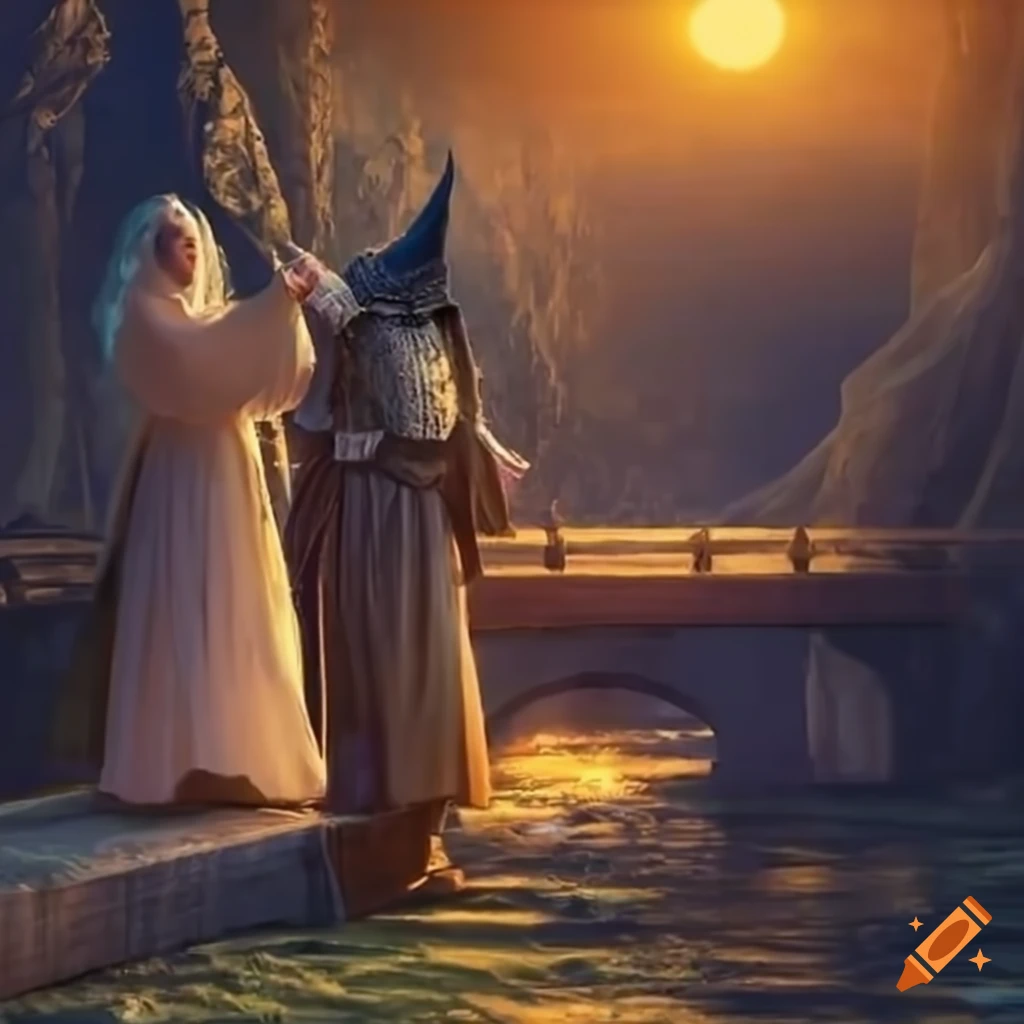 Ancient wizards studying enchanted scroll at sunrise near a bridge on ...