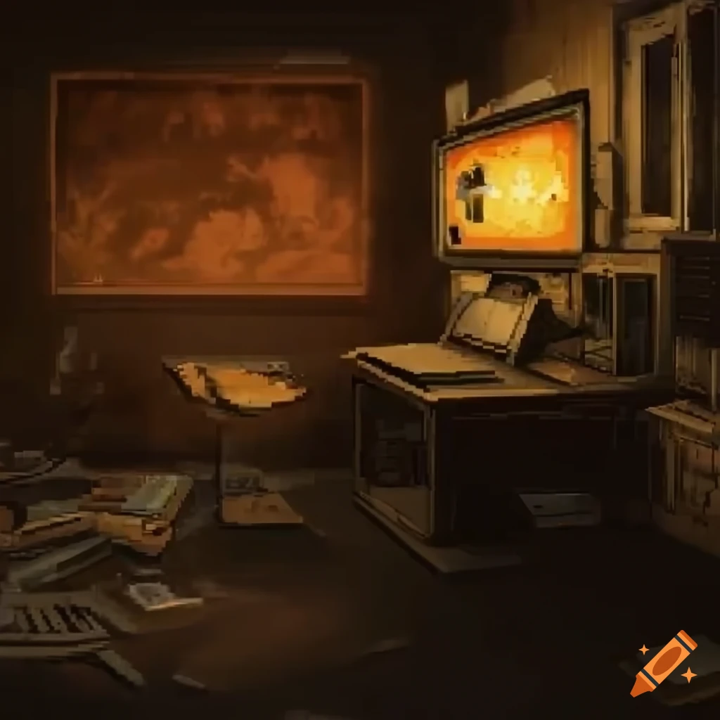 Haunted crt computer screen on a post-apocalyptic office desk with uranium fog on Craiyon