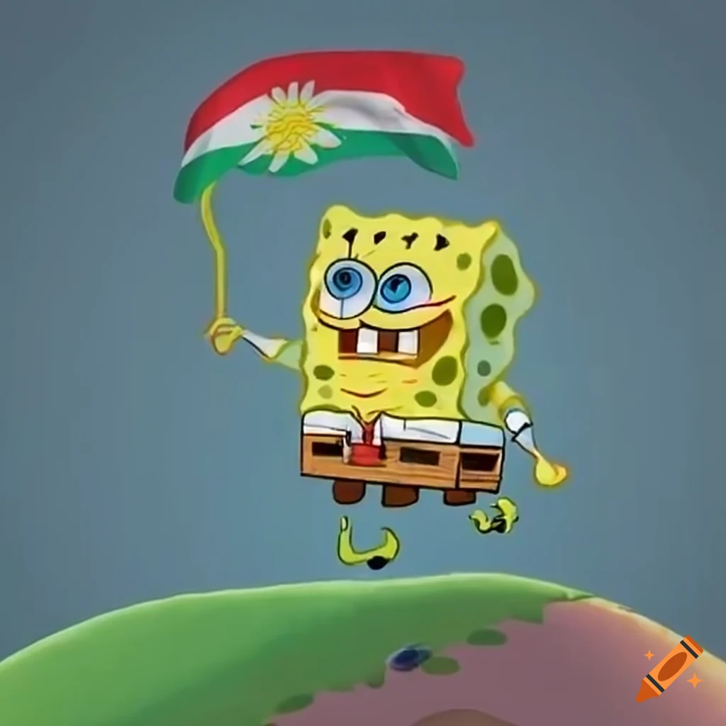 SpongeBob happy running with a Kurdish flag on a hill on Craiyon
