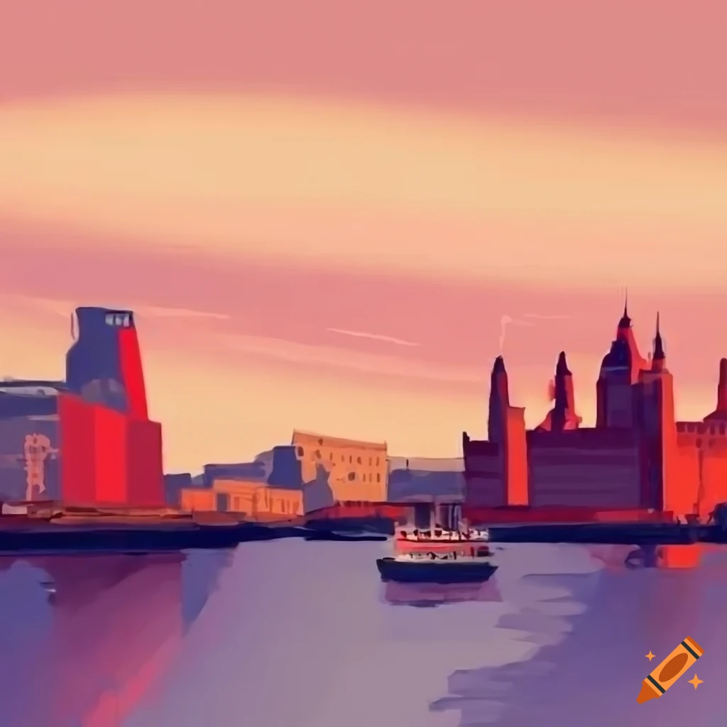 Liverpool ferry cruising in a tranquil harbor with buildings in a ...