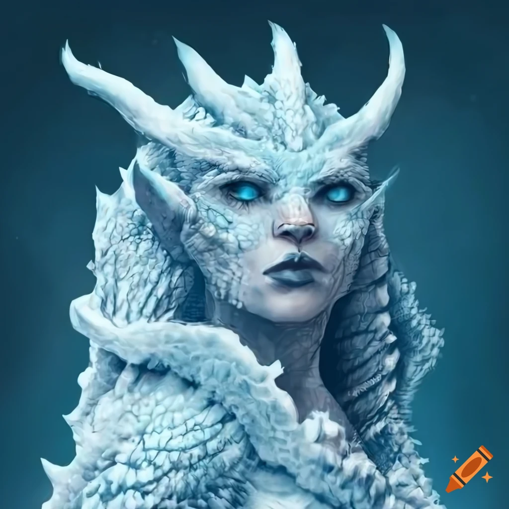 Intricately detailed female snowy dragon person in an arctic terrain on ...