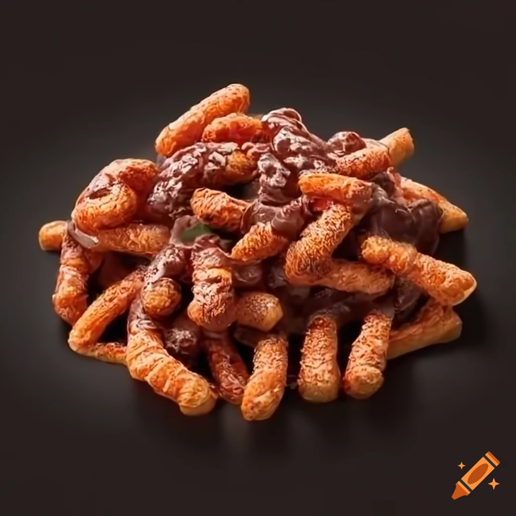 Chocolate covered cheetos puffs in warm lighting close-up on Craiyon