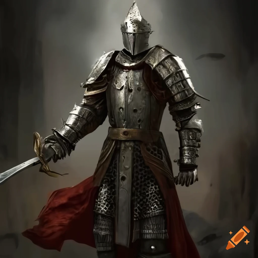 Medieval paladin in slightly rusted armor without helmet, holding a ...