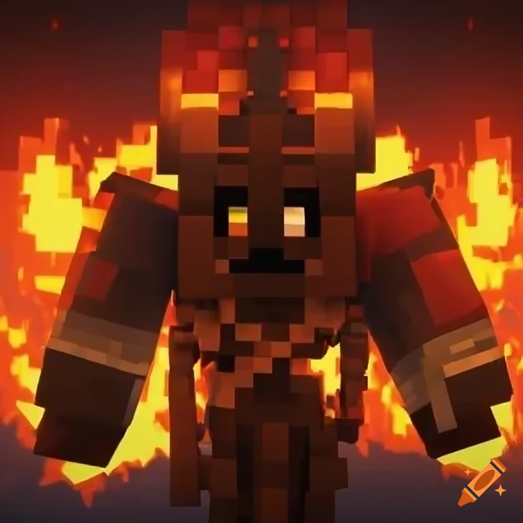 Dynamic 3d battle scene with a minecraft-style fire knight boss on Craiyon