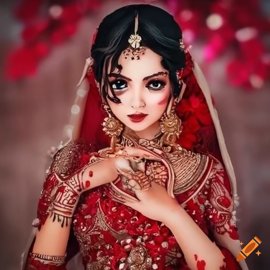 Beautiful anime bride in vibrant red wedding attire with henna designs ...