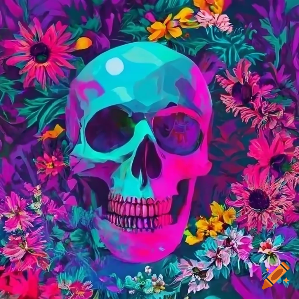Surreal digital artwork of a skull surrounded by vibrant flowers and ...