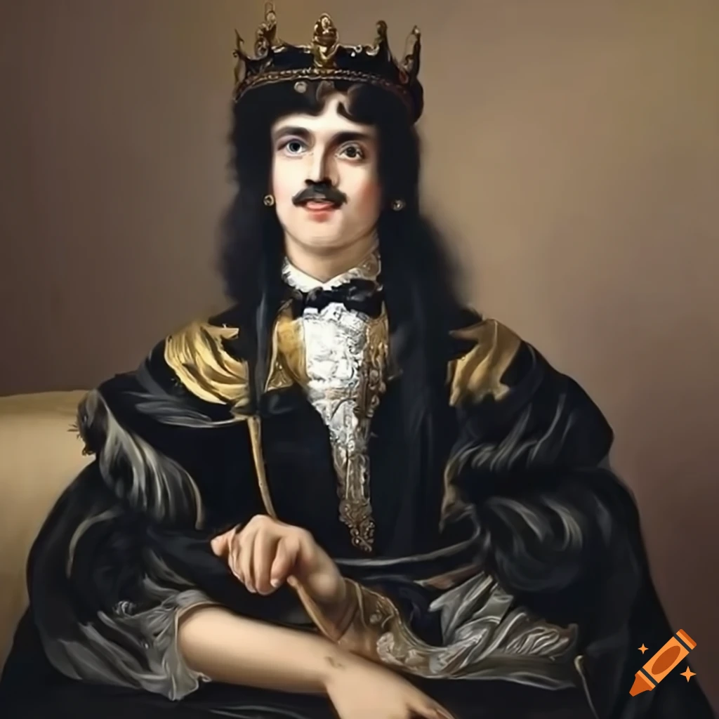 Portrait of a young handsome king in a black caftan with a golden crown ...