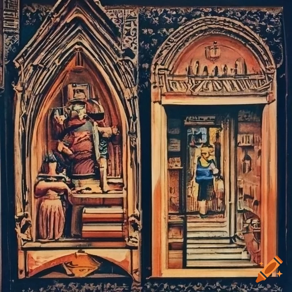 Vintage adventure travel poster with stave carvings and vibrant ...