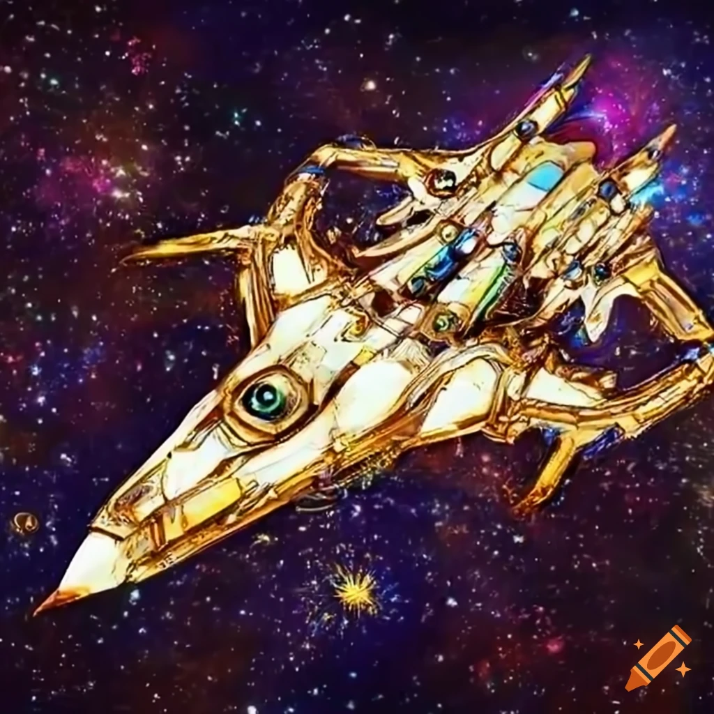 Elfin spaceship with advanced weaponry in cosmic voyage on Craiyon