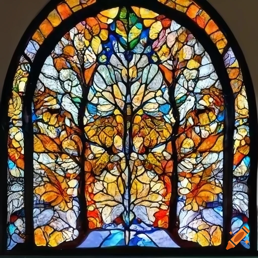 Stained glass art window with autumn tree canopy in dark room on Craiyon