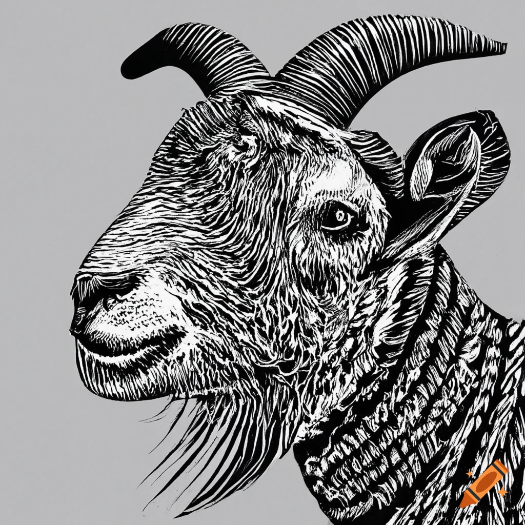 Goat wearing a knit sweater in a black and white linocut illustration ...