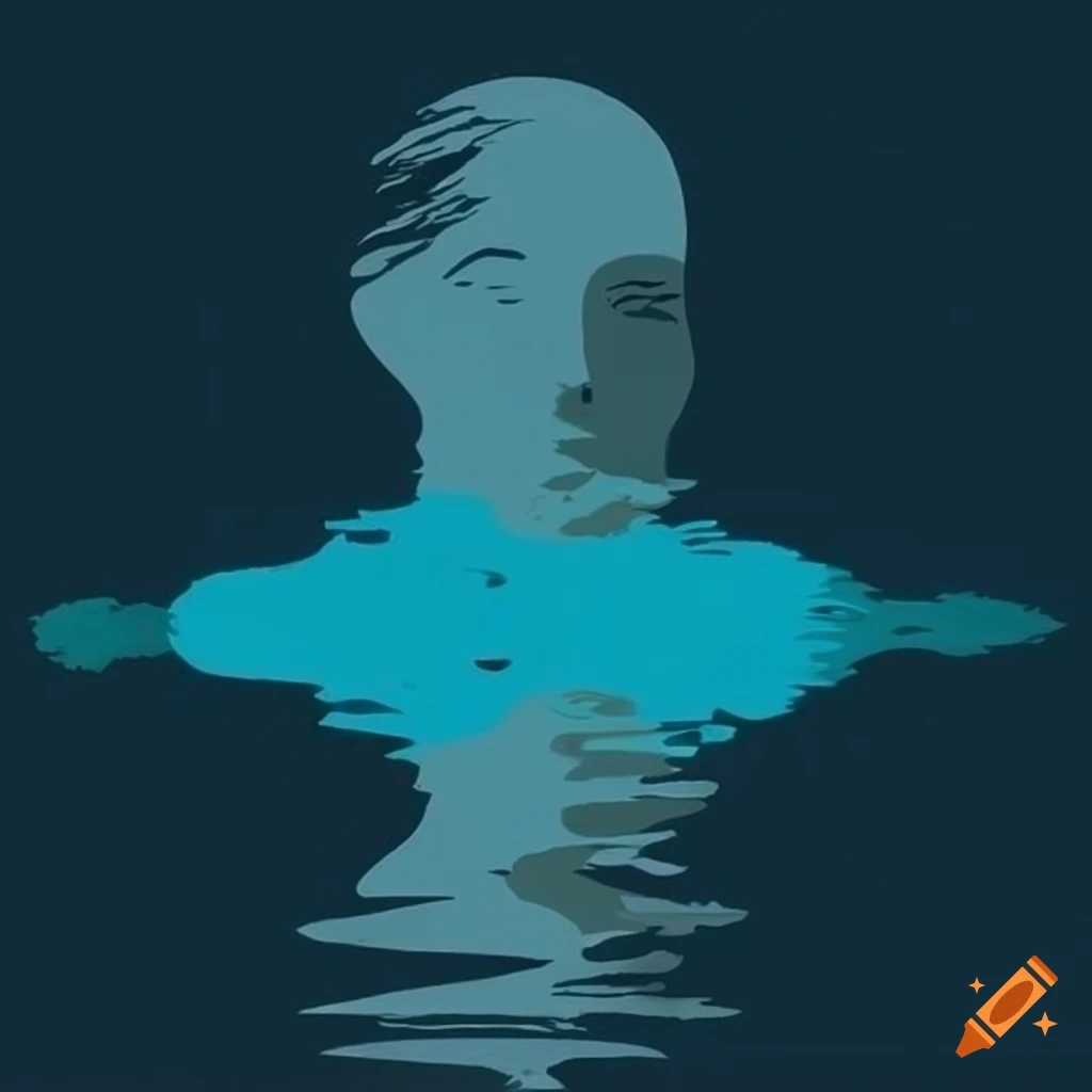 Abstract artwork of introspective figure on an icy lake reflecting deep ...