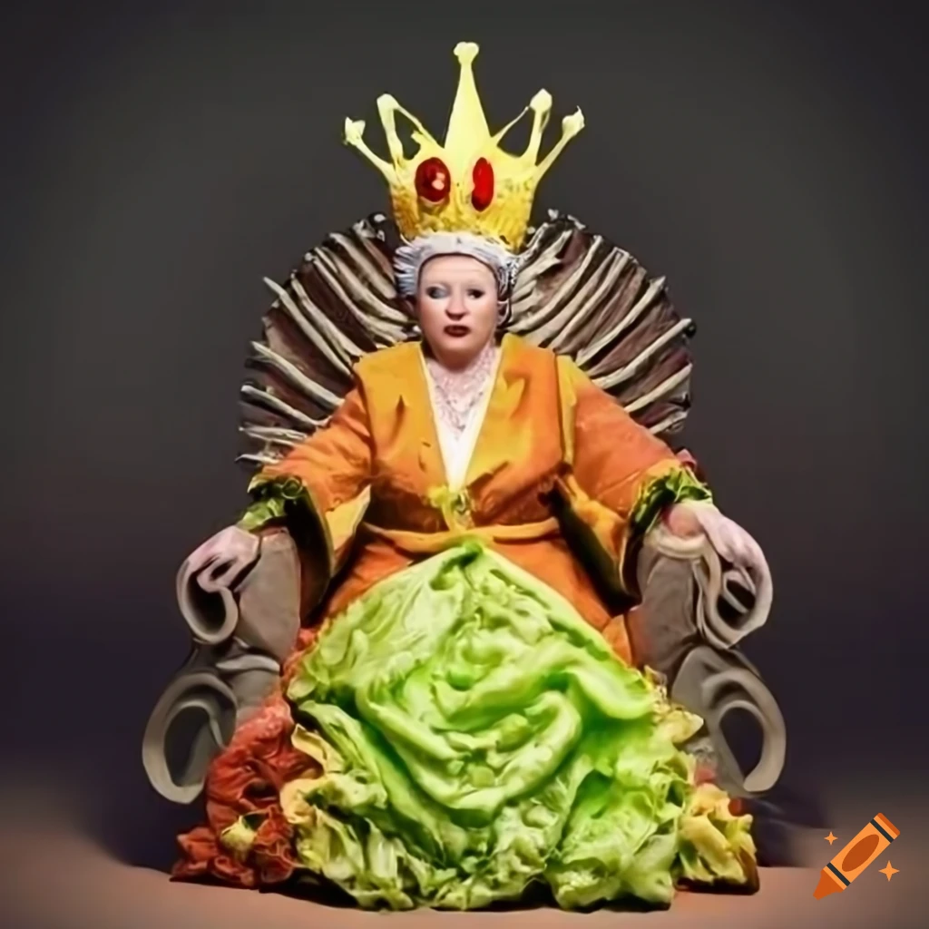 Queen in lettuce robe with cheese crown on taco-themed throne on Craiyon
