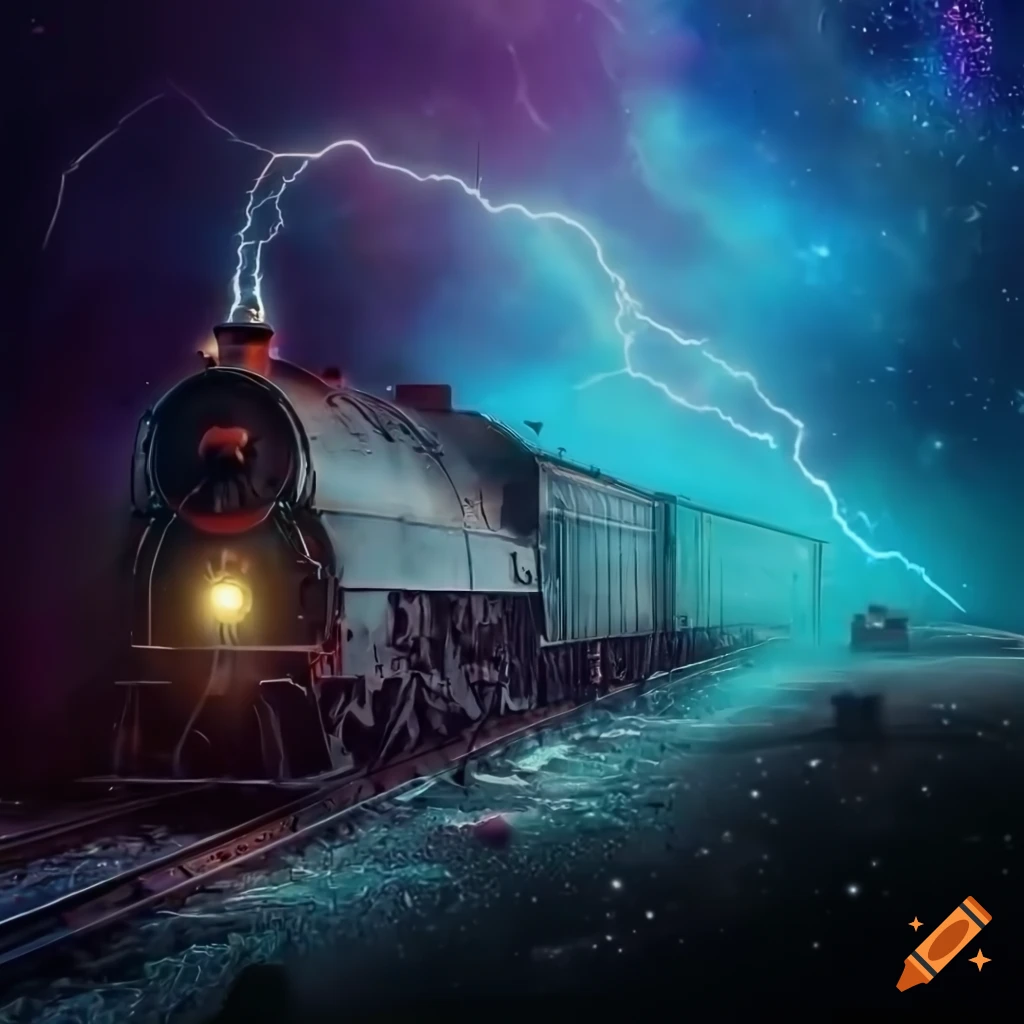 High-speed steam locomotive on broken glass tracks with lightning in a colorful universe on Craiyon