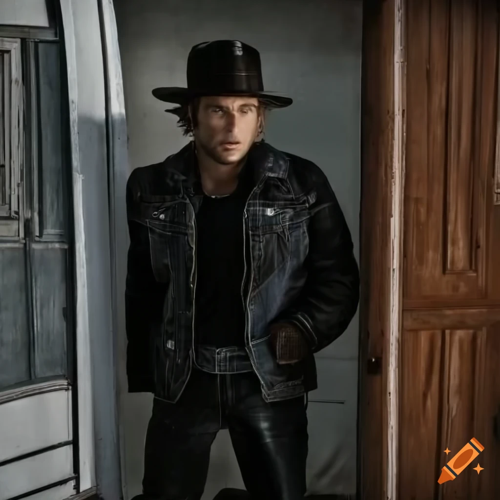 Actor resembling Heath Ledger at 20 in outlaw biker style outfit on Craiyon