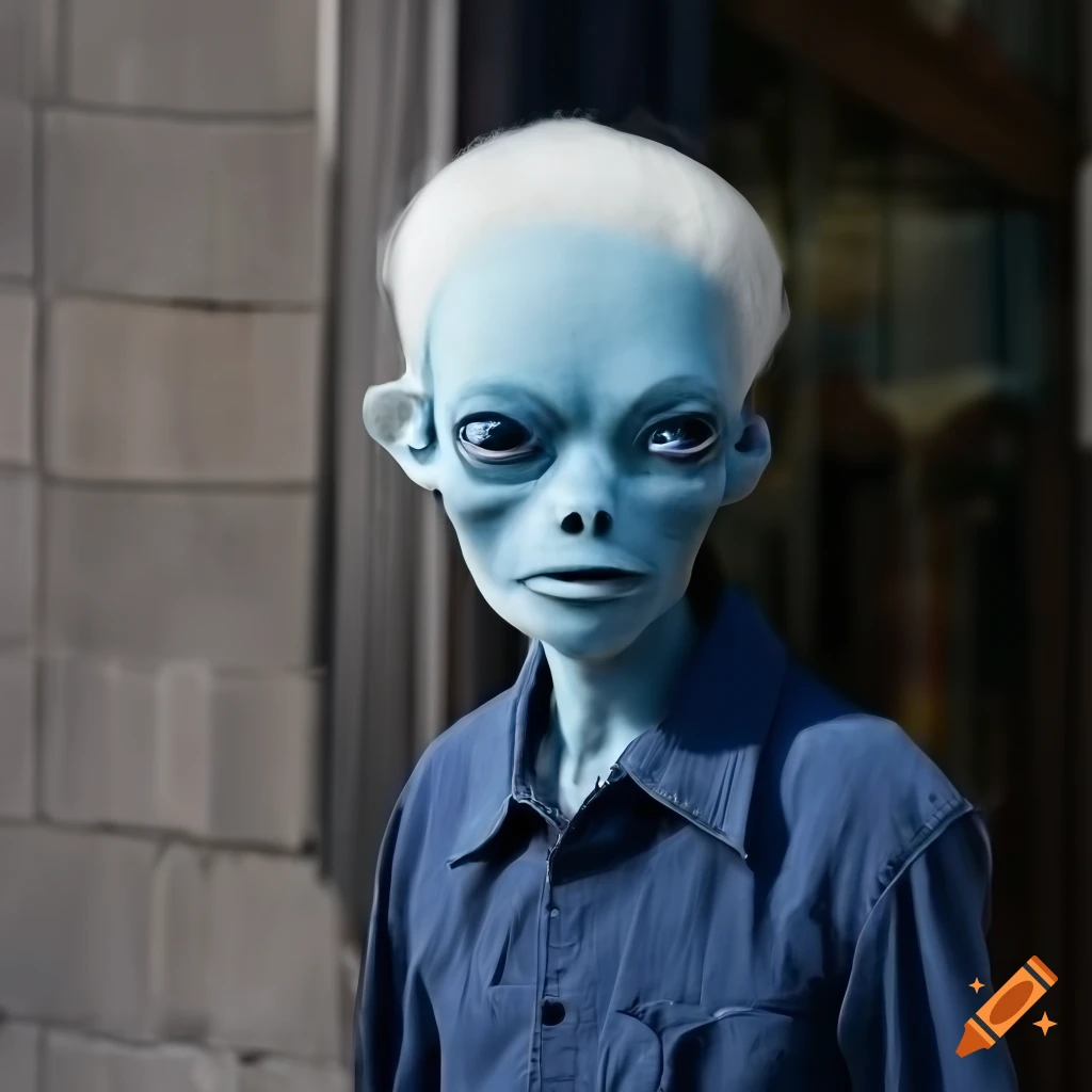 Pointed ears, wavy white hair, blue-skinned humanoid alien men walking ...