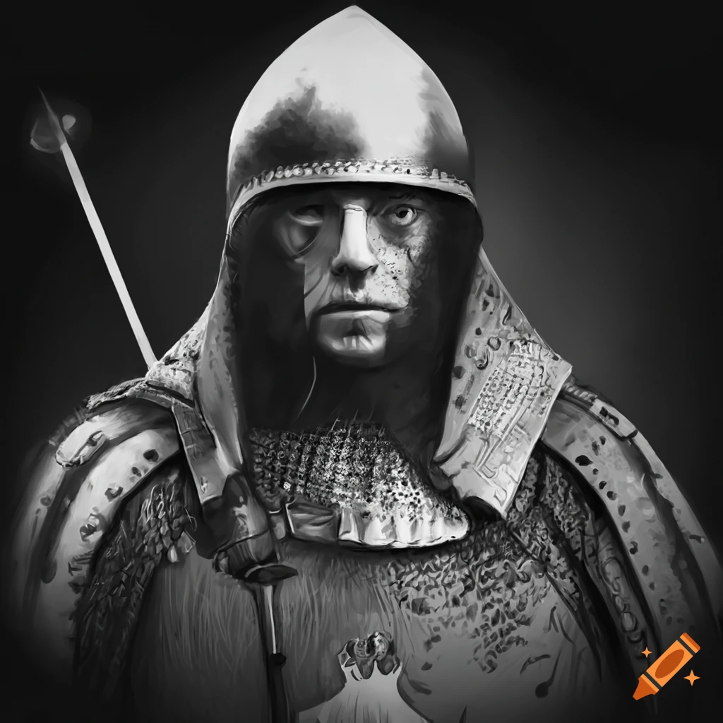 Realistic portrait of a medieval soldier with a scar on his nose in ...