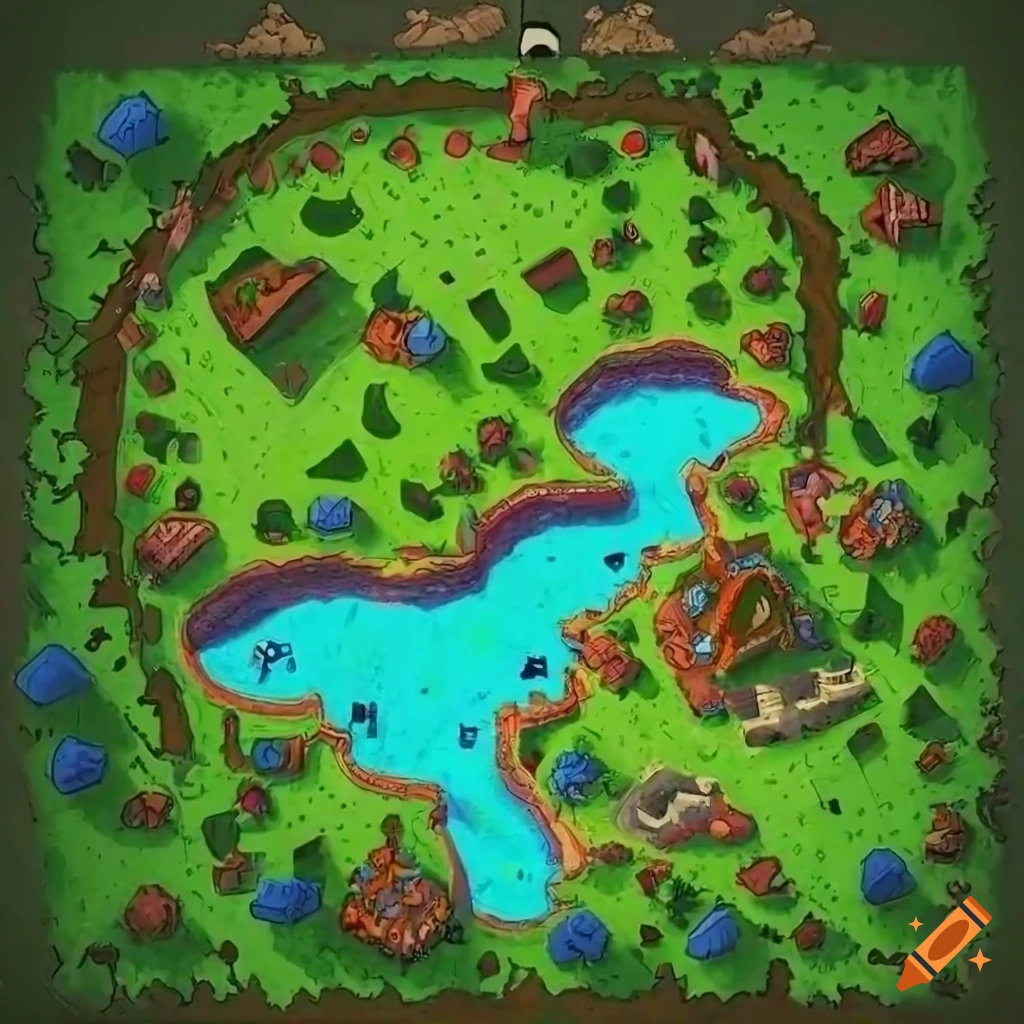 Detailed 2d gaming map with intricate terrain and obstacles on Craiyon