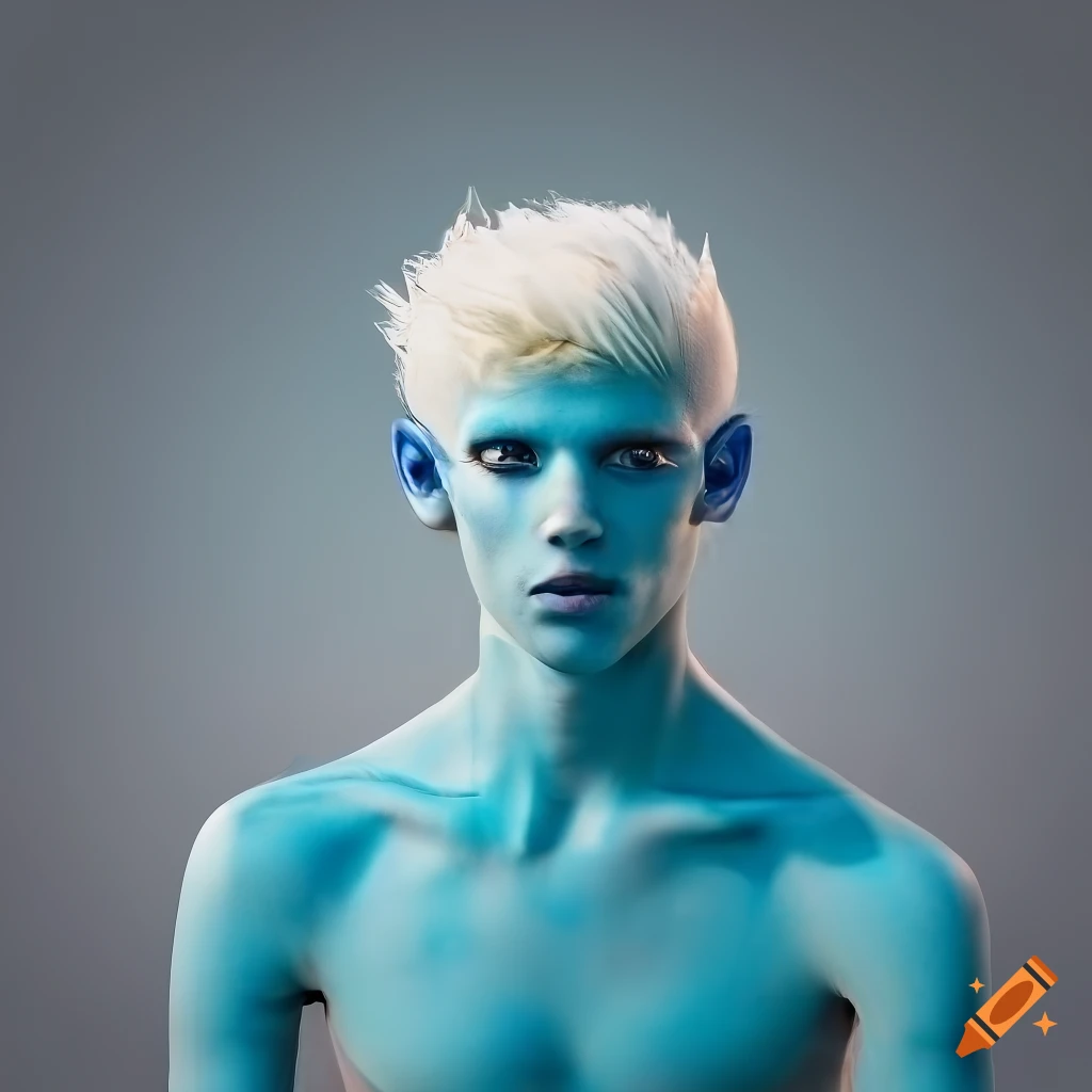 Blue-skinned humanoid man with wavy white hair sitting in a public ...