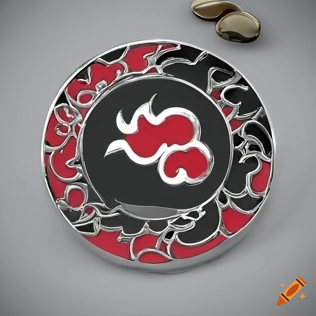Polished silver and onyx emblem with inlaid ruby akatsuki cloud on Craiyon
