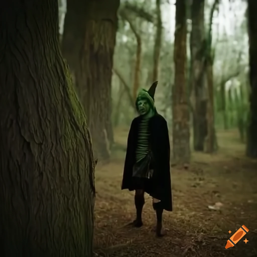 Tribal elf man in an Australian oak forest near a hut house on Craiyon