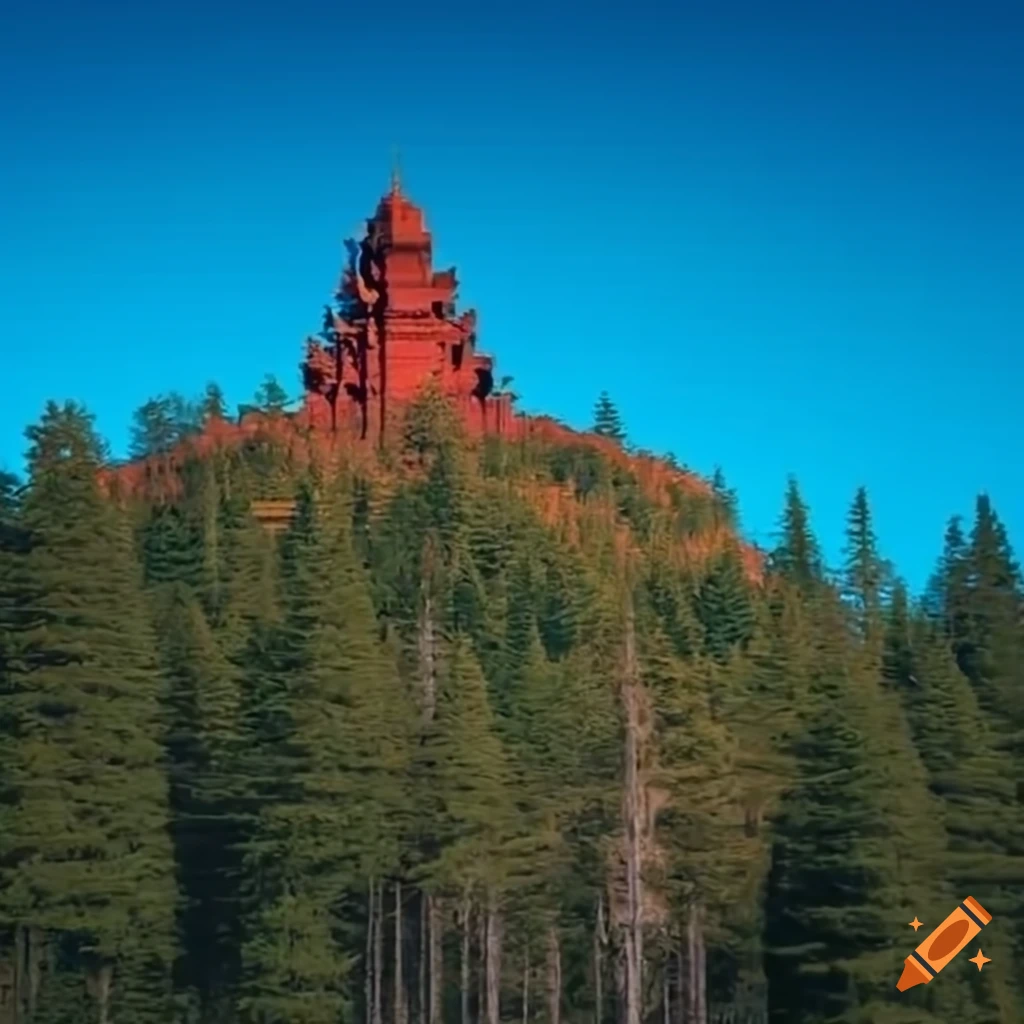 Etruscan-Hittite-Viking temple in taiga forest with mountains and blue ...