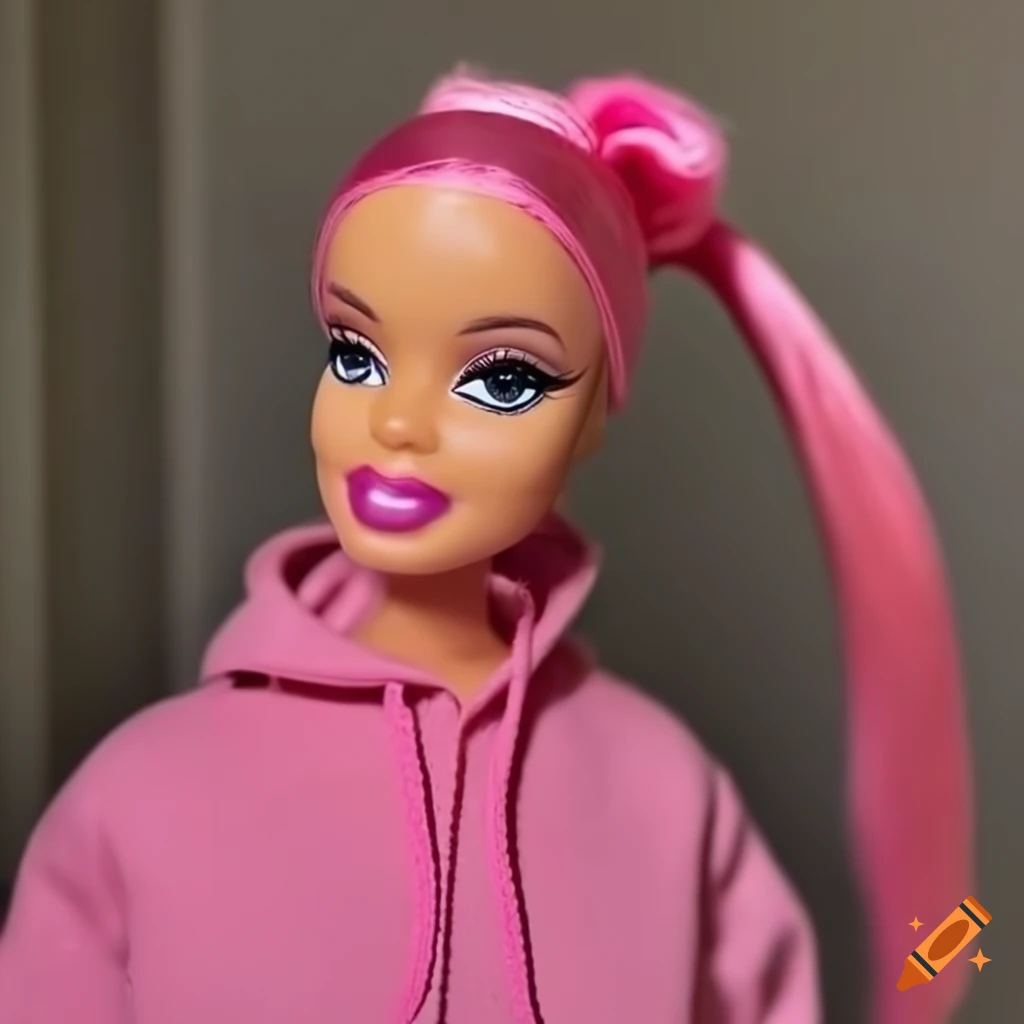 Moody bronze autumn barbie doll with pink ponytail and hoodie on Craiyon